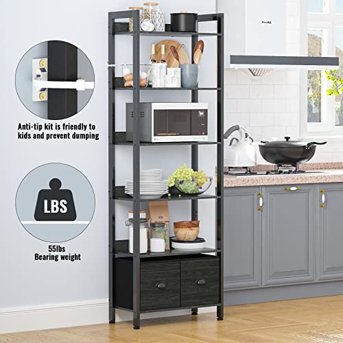 Furologee 6-Tier Bookshelf, Tall Bookcase with 2 Drawers Storage Organizer, Industrial Display Free Standing Shelf Units, Wood and Metal Storage Rack for Home Office, Bedroom, Black Oak