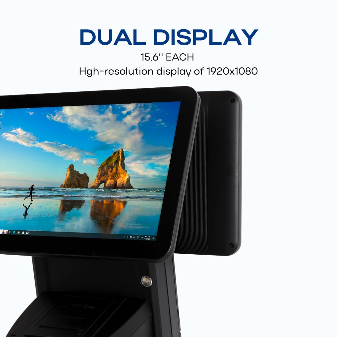 Multzo All in One Point of Sale M9W with 15.6'' Dual Touch Screen. Windows 10 OS and an i3 Processor. Touch Pos with 58mm Thermal Printer for Receipts Wi-fi, 4GB RAM and 64GB ROM. (Black)