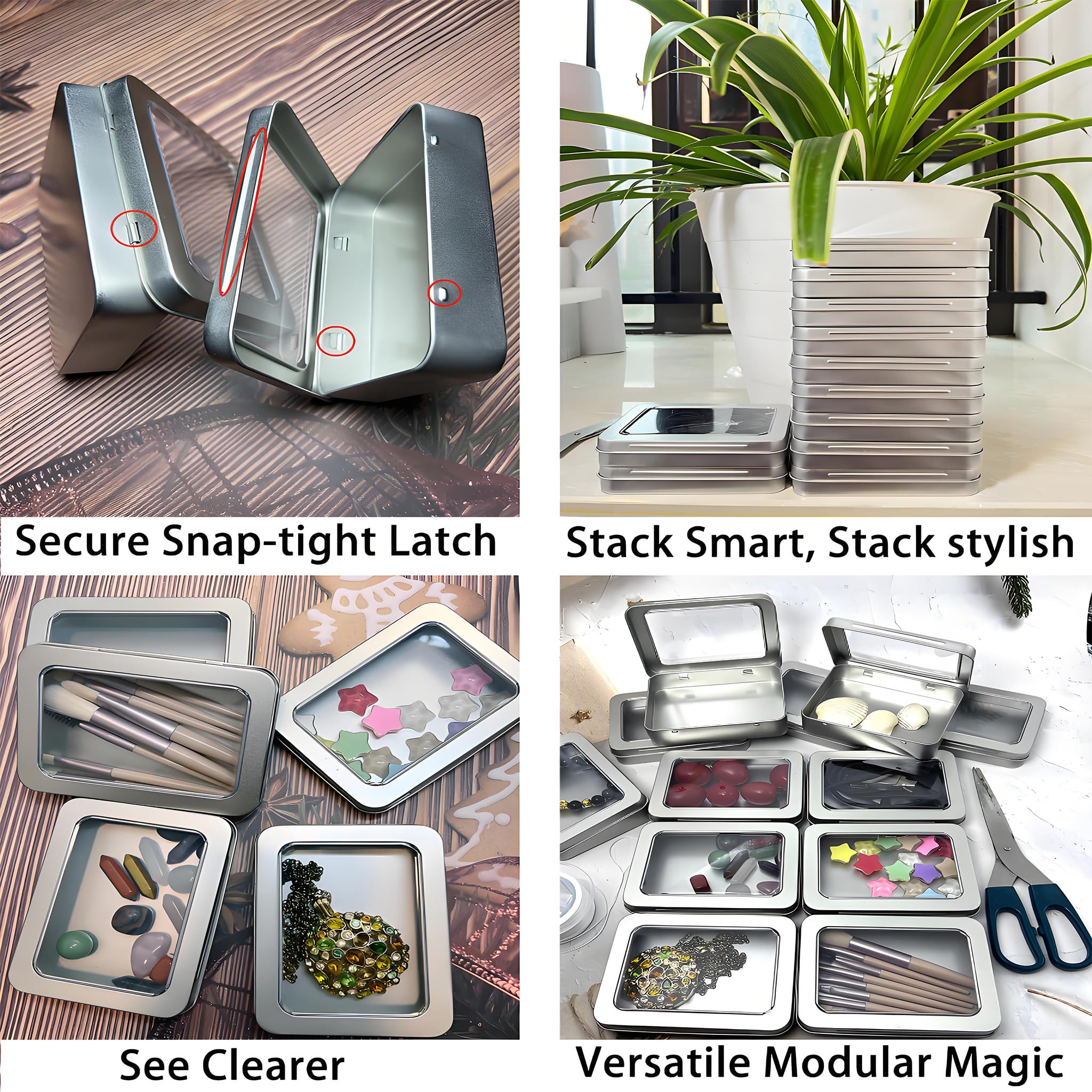 CHSZCHOMER 12 pack Small Metal Tins with Lids – Clear Window Design Versatile Storage Containers for Crafts, Sewing, and Organization – Compact 4.5 x 3.5 x 1 inche