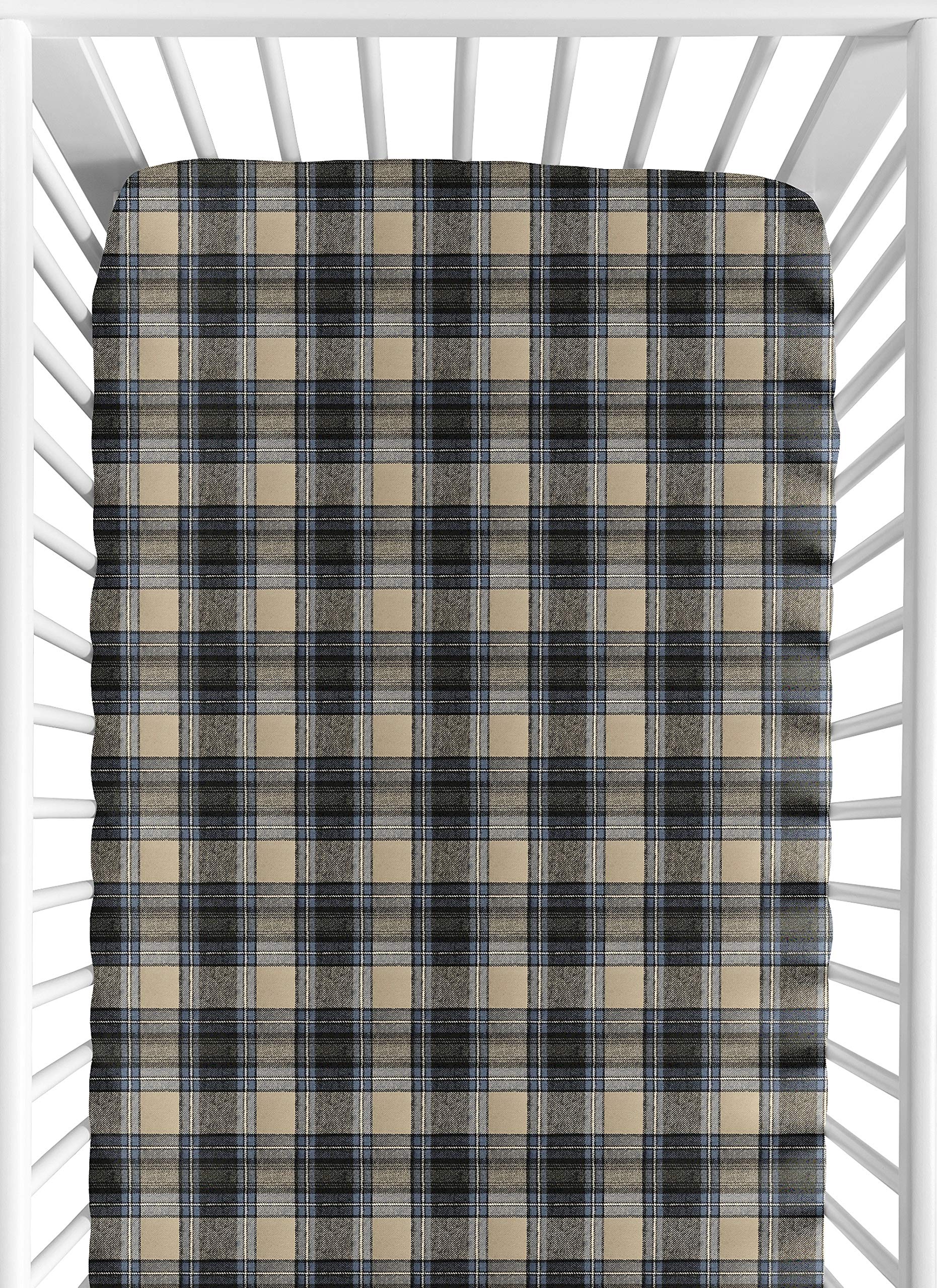 Sweet Jojo Designs Blue and Tan Woodland Plaid Flannel Baby or Toddler Fitted Crib Sheet for Rustic Patch Collection