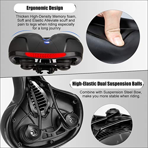 Bike Seat for Men and Women, Comfortable Bicycle Seat Replacement Soft Memory Foam with Dual Shock Absorbing Rubber Ball Universal Wide Bicycle Saddle, with Mounting Tools,Reflective Strap,Storage Bag