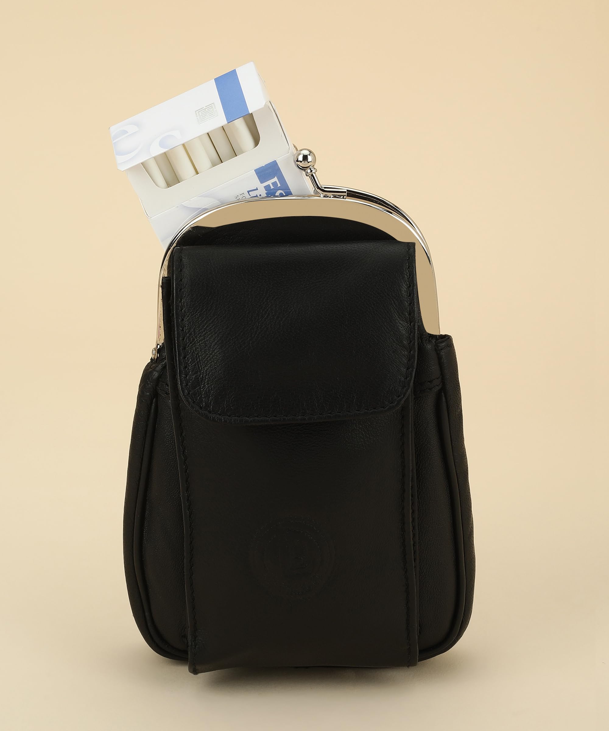 Leatherboss Leather Kiss Lock Pick-me-up Large Cigarette Money Make Up Holder Purse with Phone Case Black