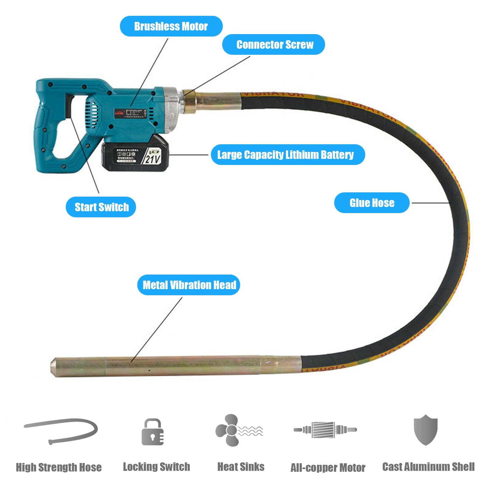Concrete Vibrator 5000RPM 110v 800W Electric Vibrator Portable Hand Held Power Concrete Vibrators with 1m(3.3ft) vibrating rod, 2 Battery and Charger, One-key Start