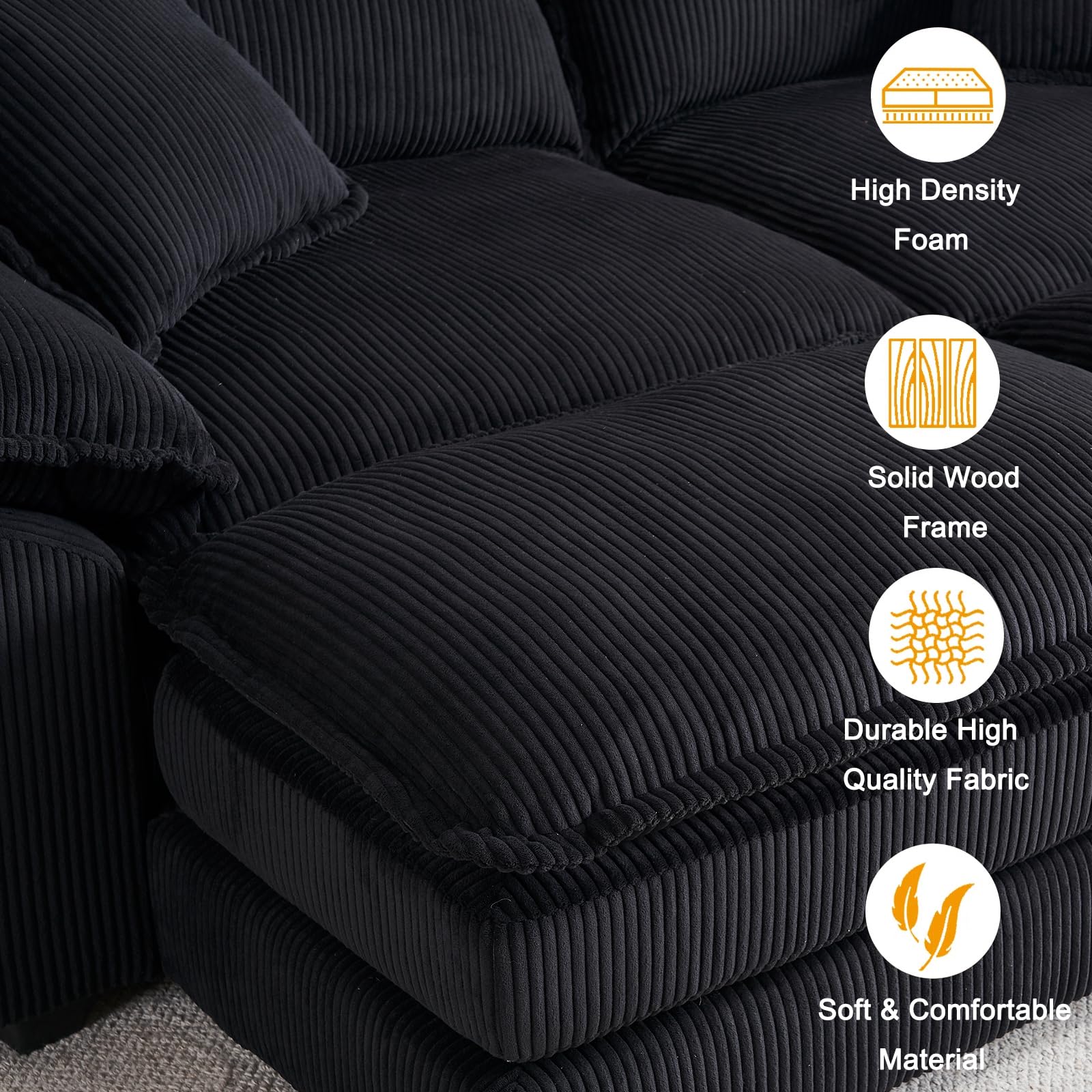 Corduroy Overstuffed Double Chaise Lounge, Oversized Modular 2 Seats Sofa Ottomans & Pillows,Comfy Deep Seat Cloud Couch for Living Room Bedroom Nursery (Black)