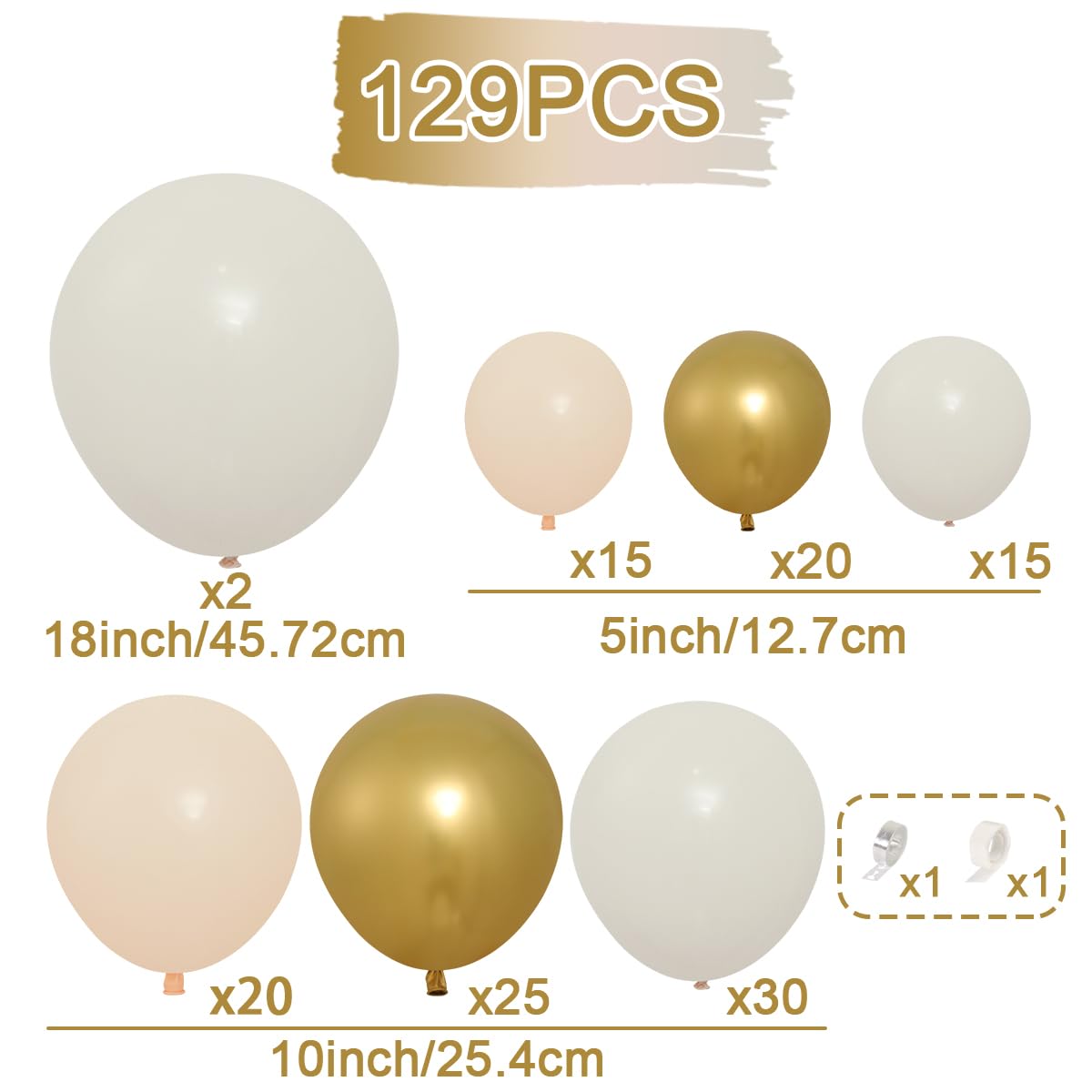 DataMoon White Gold 129 Pcs Balloon Arch Kit - Unique Baby Shower, Birthday, Wedding Decoration, Biodegradable, Unisex