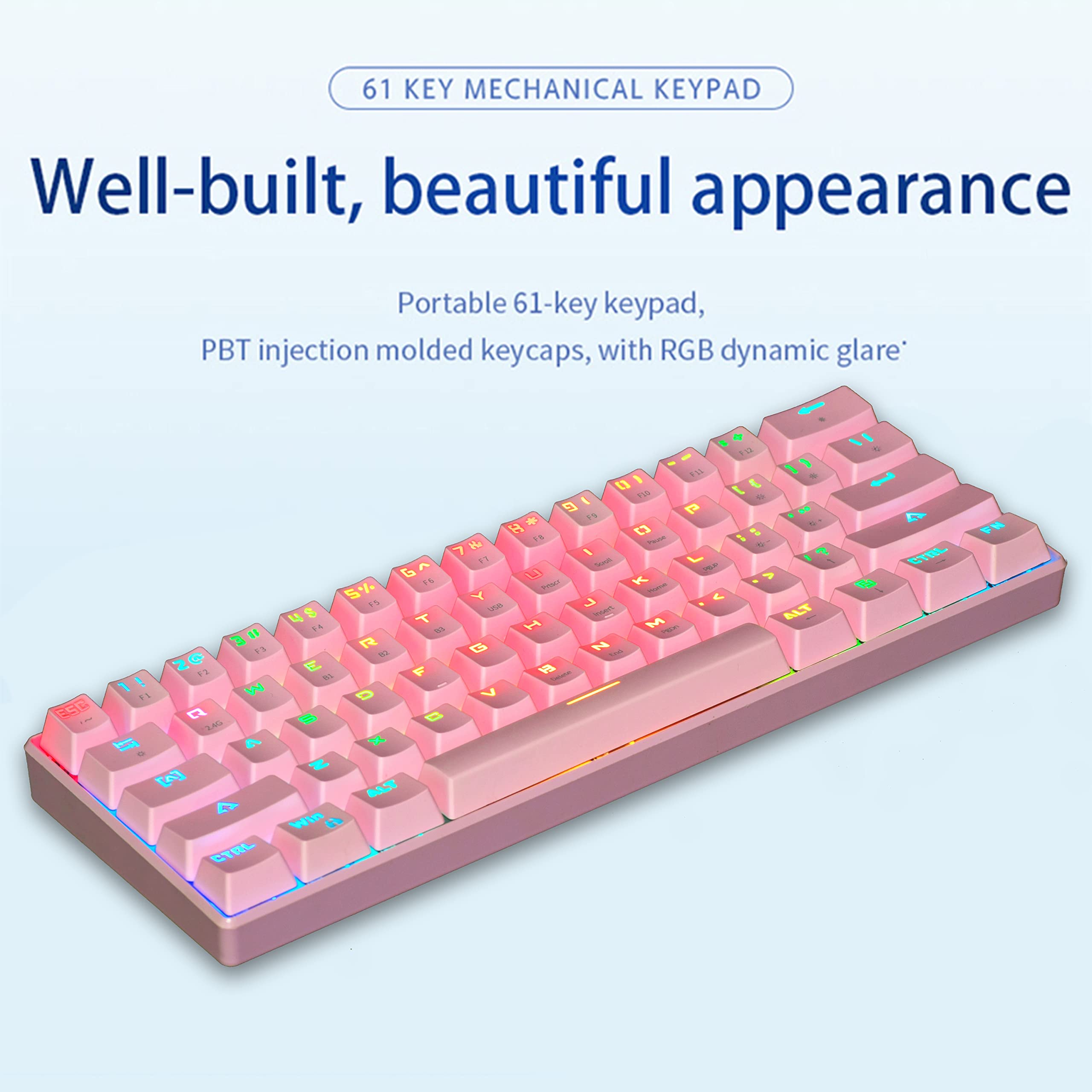 CHICHEN 60% Mechanical Keyboard Three Models Compact with BT5.0/2.4G/USB-C,61 Keys Both Wired/Wireless RGB Backlit,Portable Mini Gaming Keyboard for PC/Mac(Blue Switch,Pink)