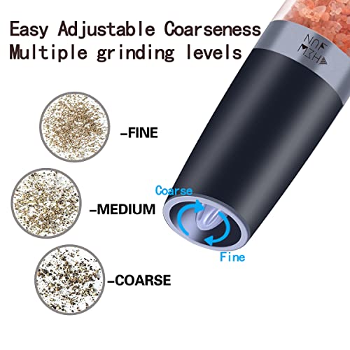 Gravity Salt and Pepper Mill with Adjustable Coarseness Automatic Pepper and Salt Grinder Battery Powered with Blue LED Light,One Hand Operated,Brushed Stainless Steel by CHEW FUN
