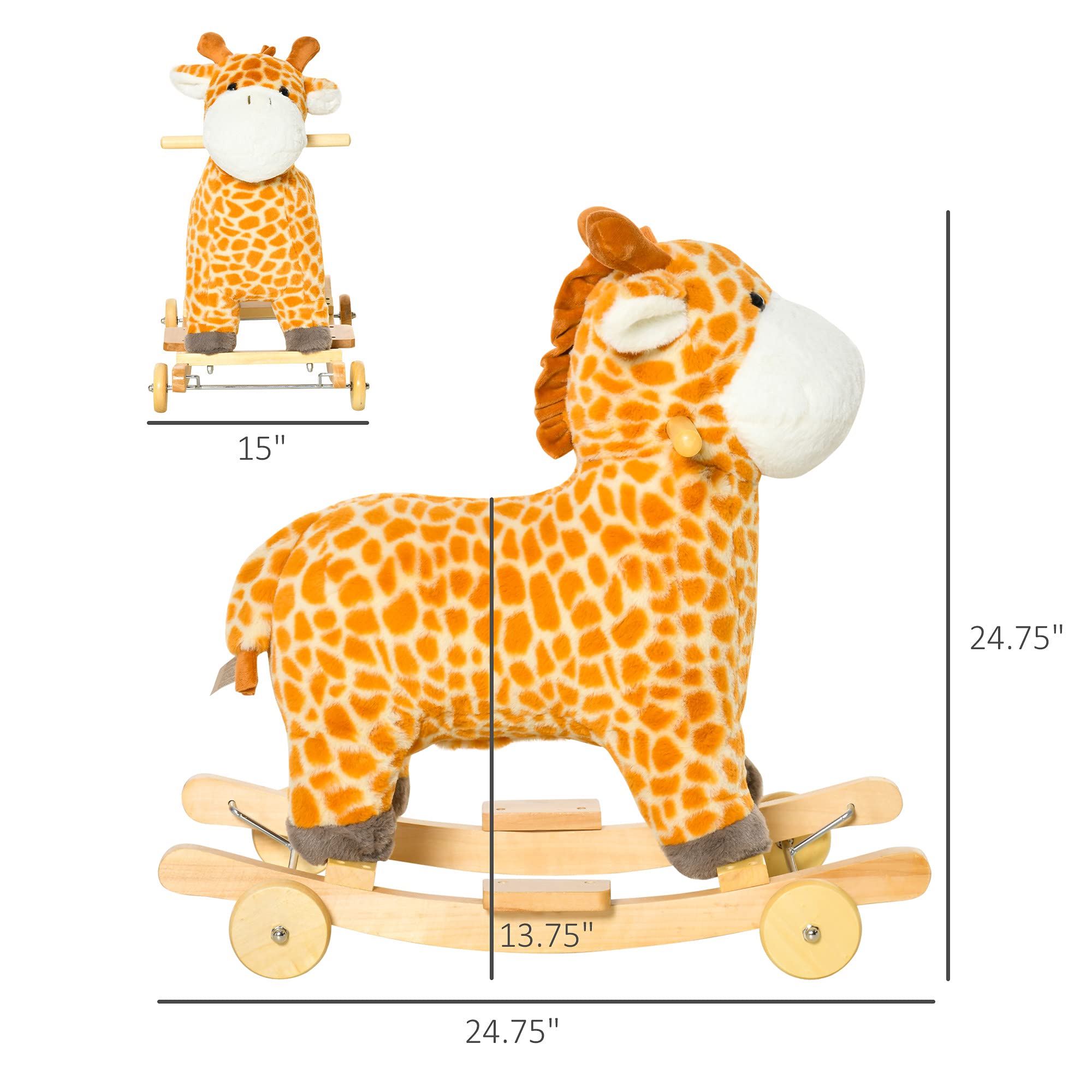 Qaba 2-in-1 Kids Plush Ride-On Rocking Horse Toy, Giraffe-Shaped Plush Rocker with Realistic Sounds for Children 3 to 6 Years, Yellow