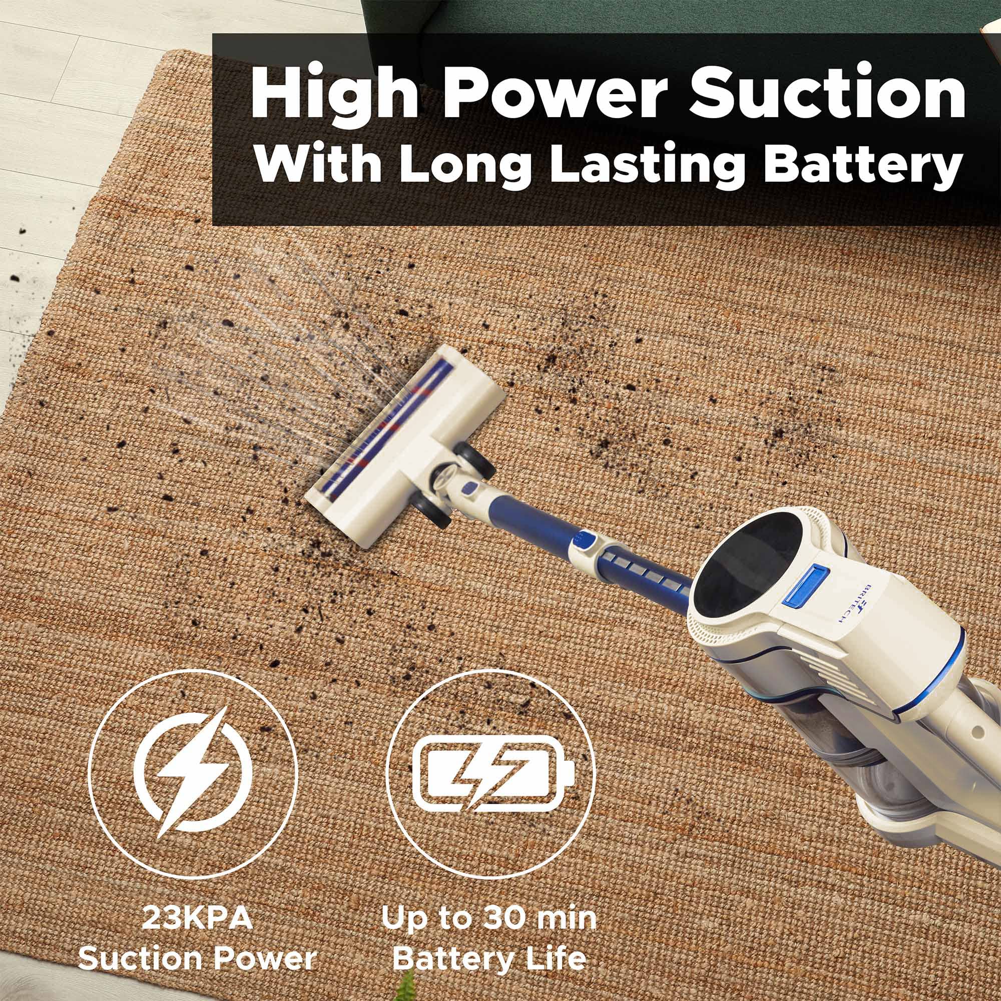 BRITECH Cordless Lightweight Stick Vacuum Cleaner, 250W Motor for Powerful Suction 30min Runtime, LED Display Screen & Headlights, Great for Carpet Cleaner, Hardwood Floor & Pet Hair (White)