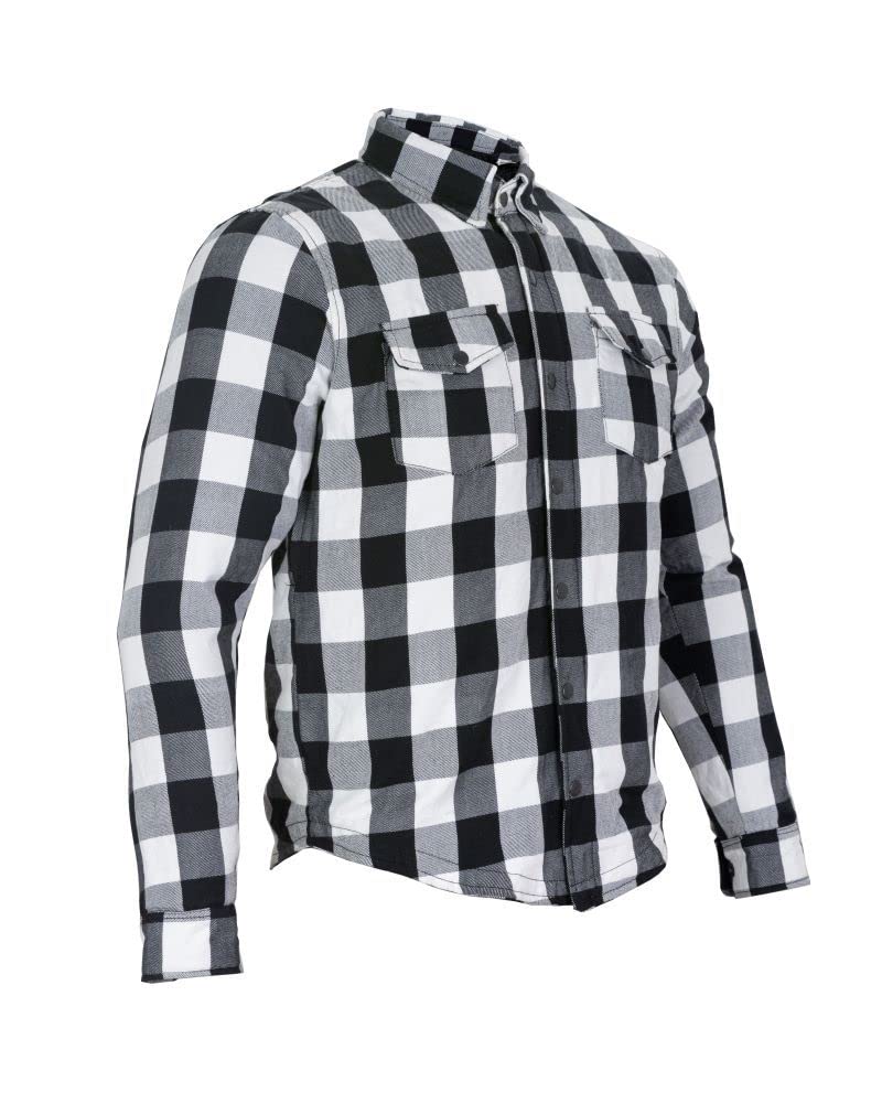 Bikers Place Mens Motorcycle Lightweight Waterproof CE armor Blk/White Checkered Flannel Riding Jacket Shirt (XL, Blk/White) (SH13)