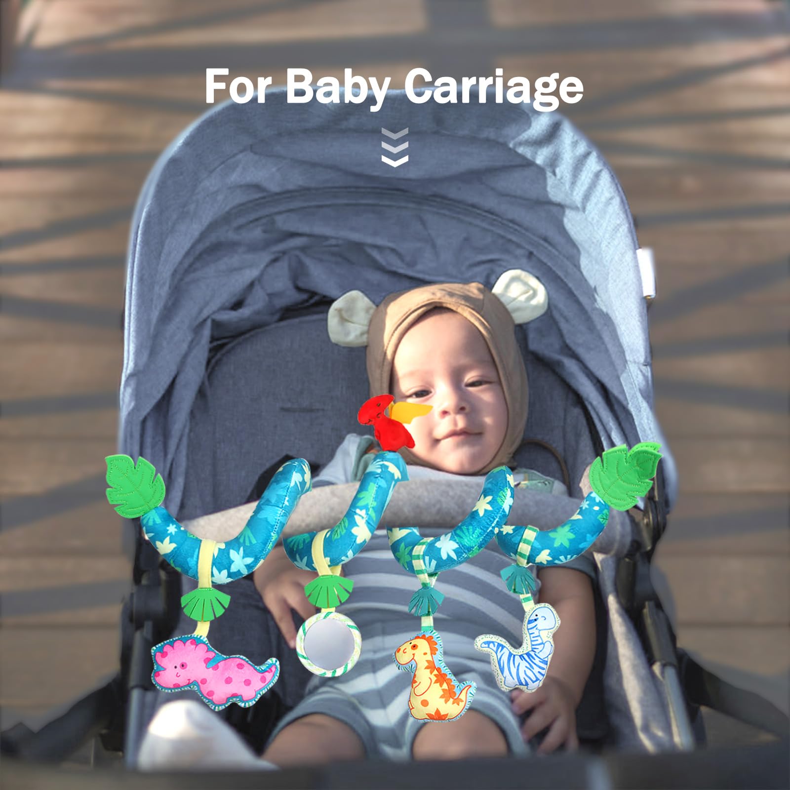 Baby Car Seat Toys for Crib and stroller with squeak and mirror (Dinosaur)