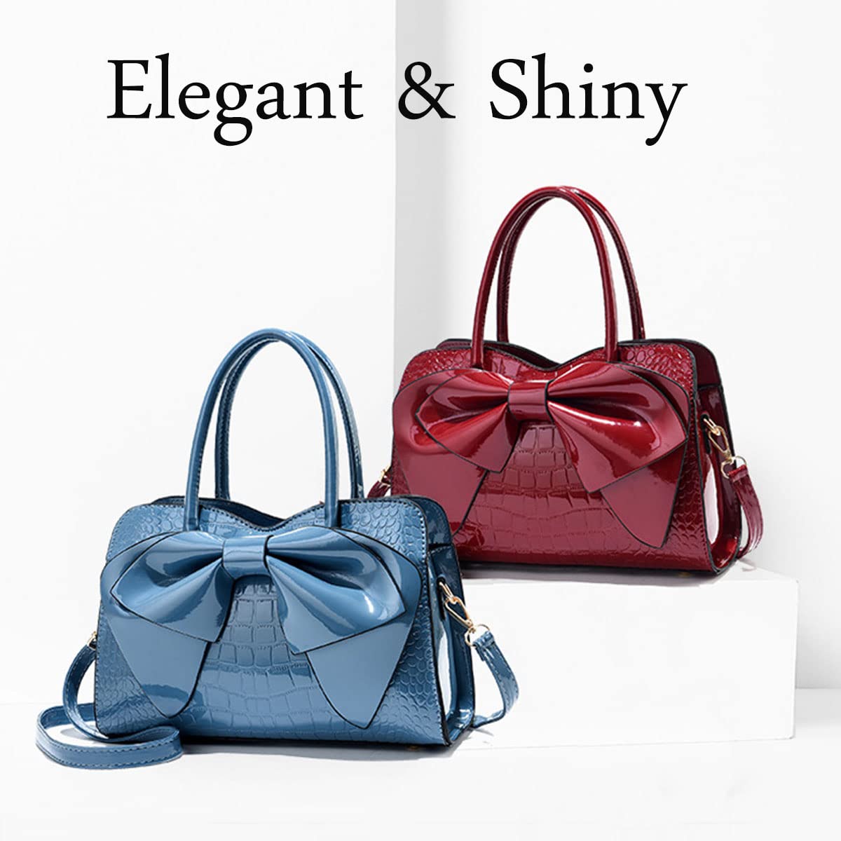 XingChen Shiny Women Handbag Patent Leather Bowknot Purse Charm Glossy Top-Handle Satchel Tote Fashion Shoulder Bag(Blue)