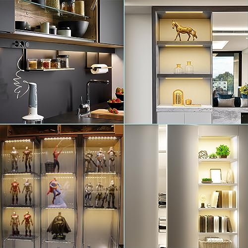 JUSJUBR 4PCS x 12inch Display Cabinet Lights Warm White, Dimmable LED Shelf Lighting with Memory Function, Bookshelf Lighting, LED Lights for Display Case/Pantry/Closet/Safe, 3000K