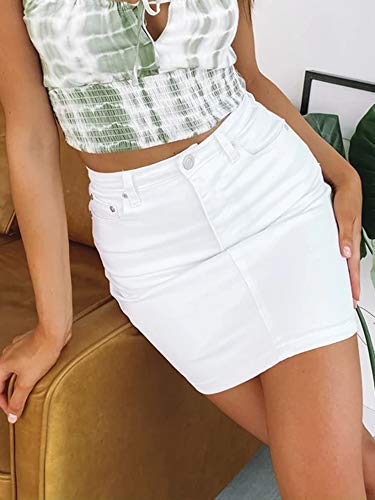Just Quella Women's High Waisted Jean Skirt Fringed Slim Fit Denim Mini Skirt (L, White2 Washed)