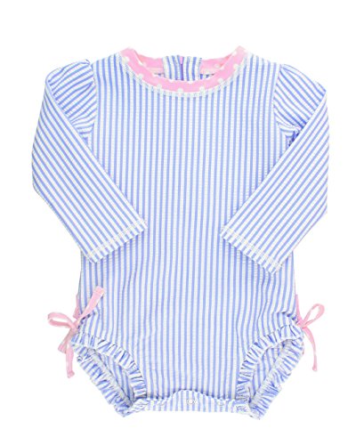 RuffleButts® Baby/Toddler Girls Long Sleeve One Piece Swimsuit - Blue Seersucker with UPF 50+ Sun Protection - 6-12m