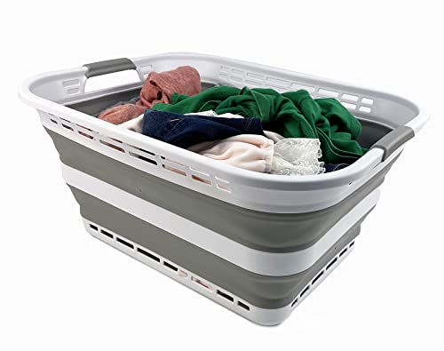 SAMMART 42L (11 Galloons) Collapsible Plastic Laundry Basket - Foldable Pop Up Storage Container/Organizer - Portable Washing Tub - Space Saving Hamper/Basket [BPA Free] (White/Grey)