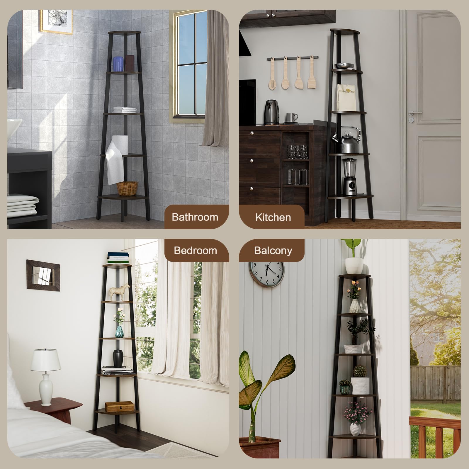 Corner Shelf Stand,5-Tier Corner Bookshelf Storage Standing Unit with Metal Frame,Corner Bookcase Plant Stand for Living Room,Bathroom,Home Office,Bedroom,Rustic Brown