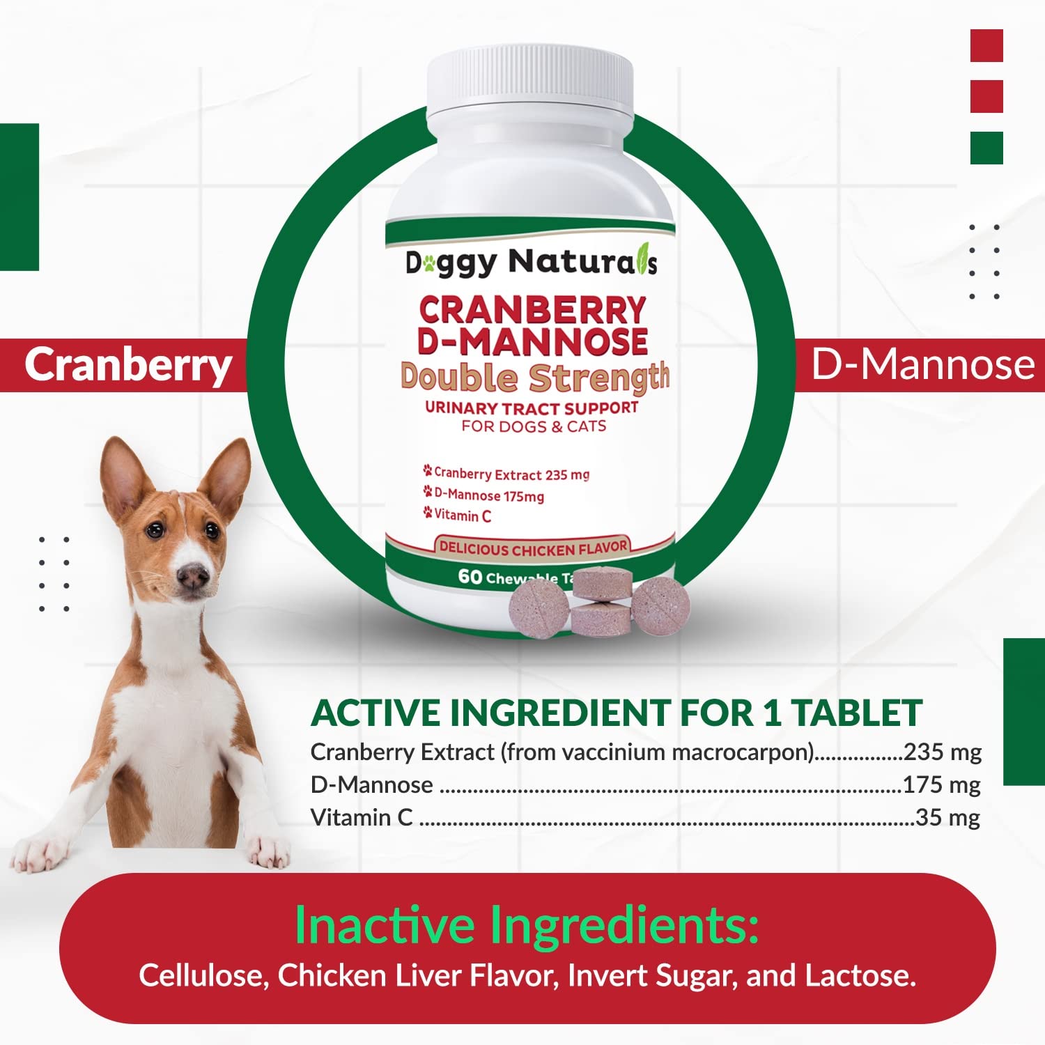 Cranberry D-Mannose for Dogs and Cats Urinary Tract Infection Support Prevents and Eliminates UTI, Bladder Infection Kidney Support, Antioxidant (Double Strength Tablet, 60 Count)