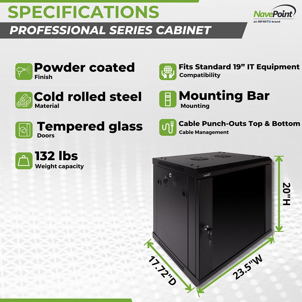 NavePoint 9U Server Rack Enclosure - 17.7β Deep, 9U Wall Mount Network Cabinet with Locking Glass Door for 19β IT Equipment, 9U Network Rack with 2 Fans, Removable Side Panels, Black