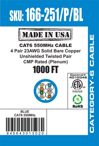 Vertical Cable CAT6, 550 MHz, UTP, 23AWG, 8C Solid Bare Copper, Plenum, 1000ft, Bulk Ethernet Cable - Made in USA, Blue