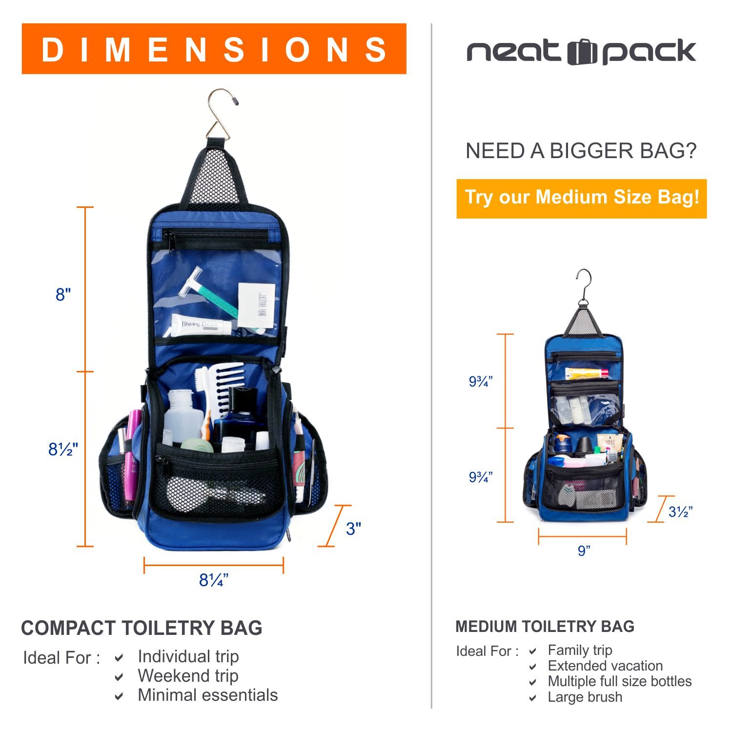 NeatPack Compact Hanging Toiletry Bag and Organizer, Water Resistant with Mesh Pockets (Marine)