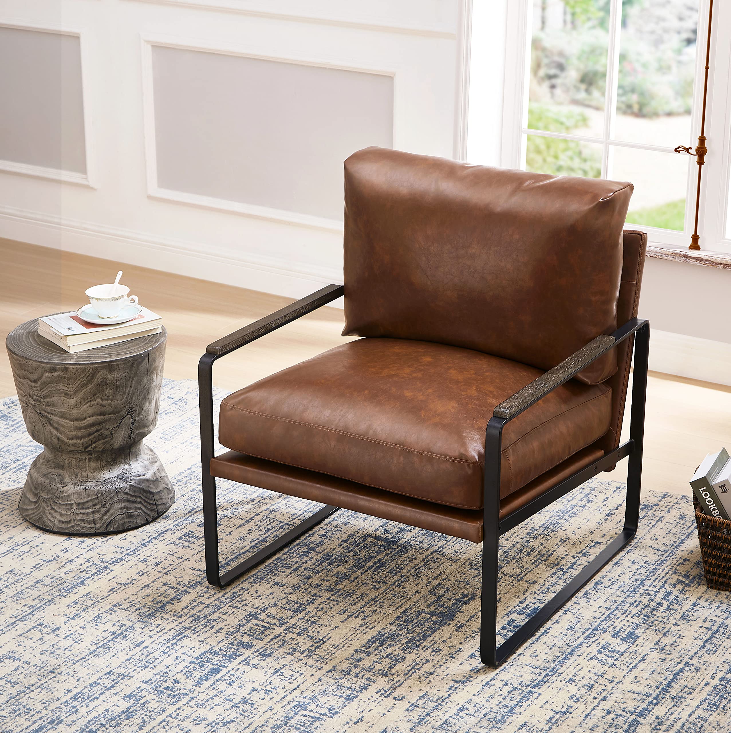 Ball & Cast Mid Century Accent Chair Faux Leather Strap Armless Lounge Chair with Metal Frame, Brown