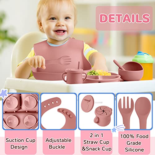 Newtay 8 Pack Baby Feeding Eating Supplies Silicone Suction Divided Plate Bibs Bowl Placemat Spoon and Fork Cup with Straw Tableware Set for Toddler (Dark Pink), 1.0 Count