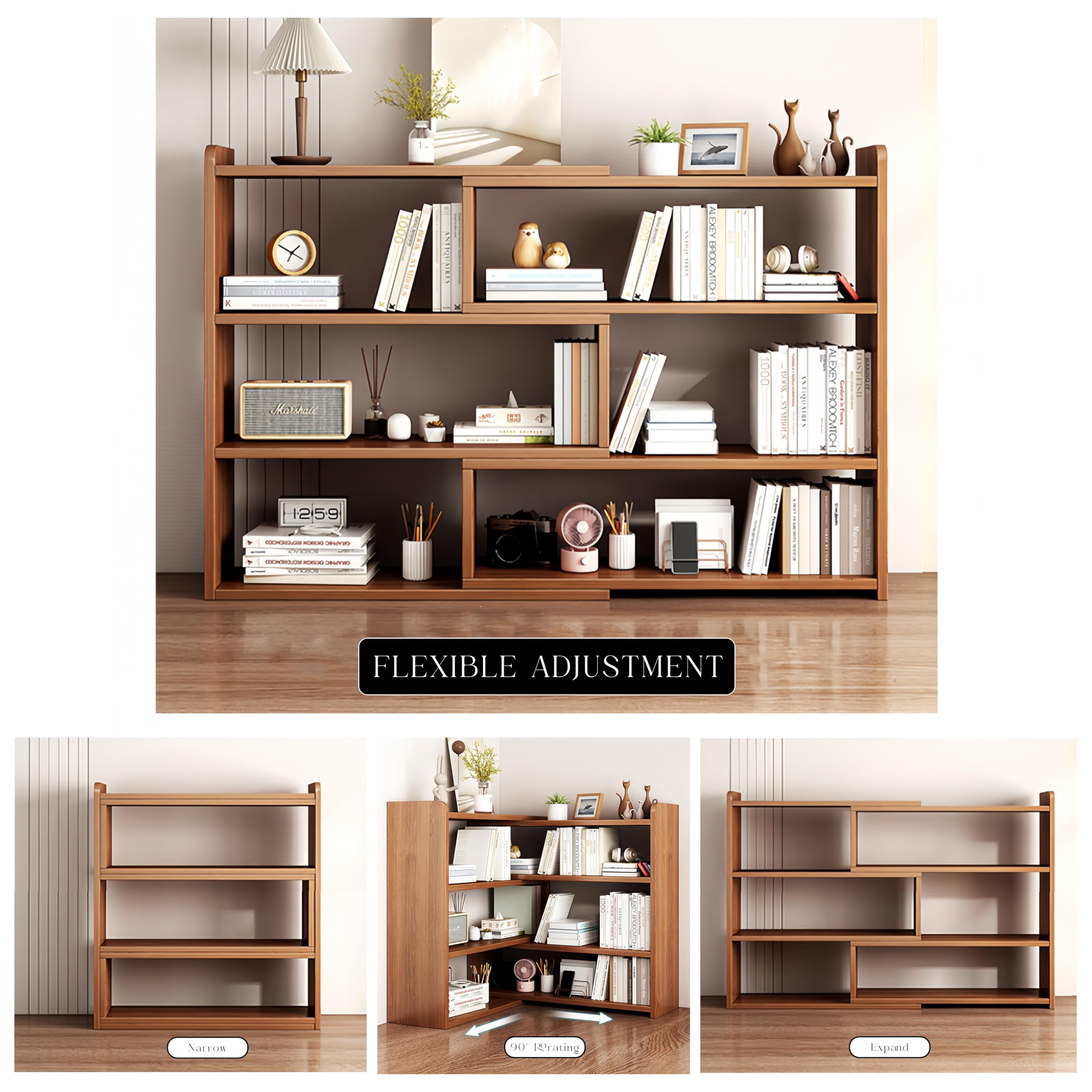 Cmishe 4-Tier Wooden Bookshelf, Expandable 25-47 inch Wide Bookcase, Modern Freestanding Bookcas for Small Space or Corner (Walnut)