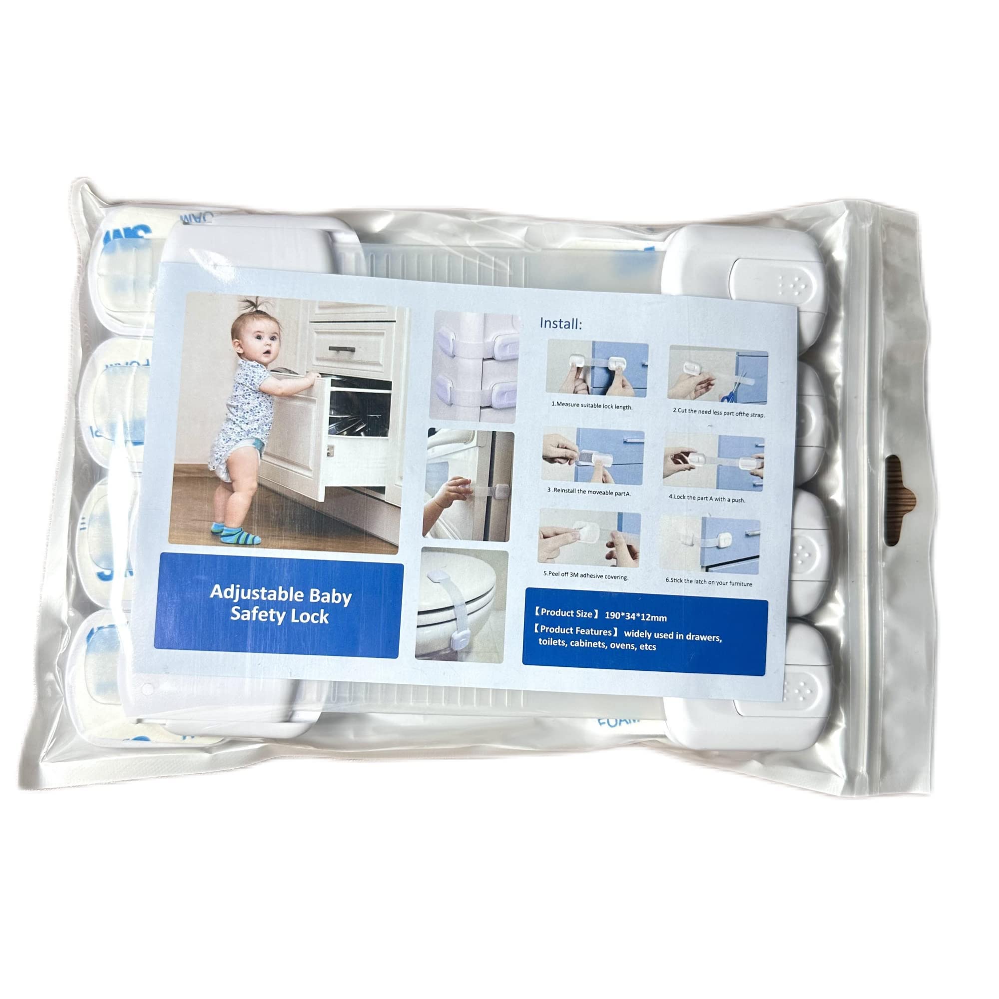 Child Safety Cabinet Locks - (8Pack) Baby Proofing Latches to Drawer-Door Fridge-Oven-Toilet Seat-Kitchen-Cupboard with 3M Adhesive-Adjustable Strap with Extra Replacement Tapes