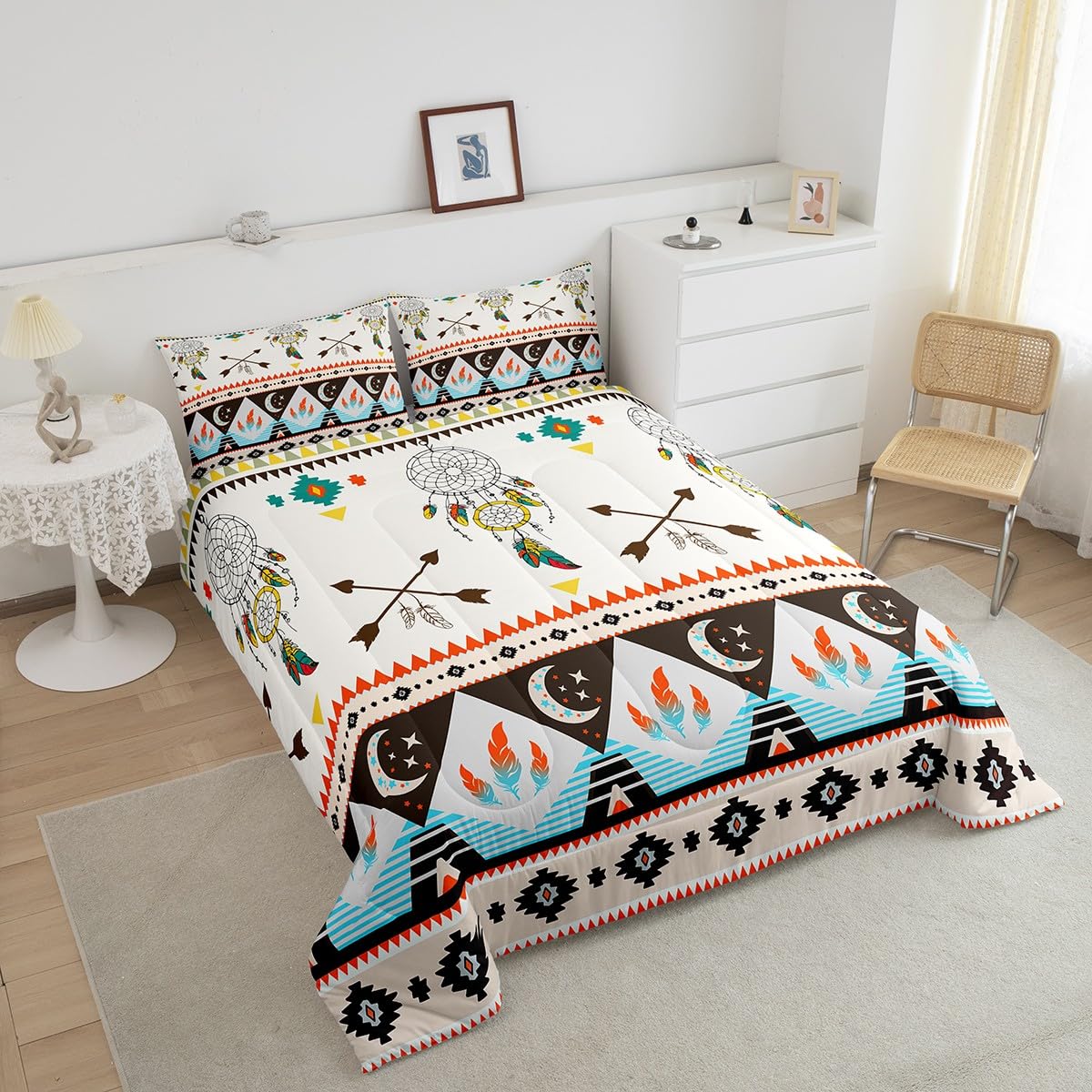 Feelyou Geometric Comforter Full Size with 2 Pillow Cases Dreamcatcher Decor Comforter Set Aztec Geometric Bedding Set Modern Art Quilted Duvet Set for Boys Girls Kids Adults