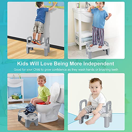 Welspo Folding Step Stool for Kids, Toddler Step Stool with Handle for Bathroom Sink,Toilet, Plastic Child Step Stool with Faucet Extender Non-Slip for Boys and Girls, Gray