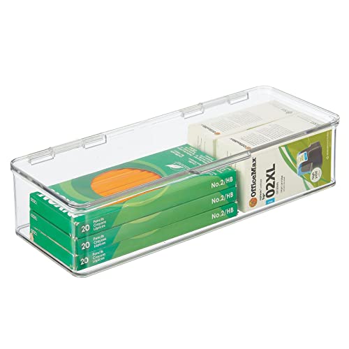 mDesign Long Plastic Home Office Storage Organizer Box Containers with Hinged Lid for Desktops - Holds Pens, Pencils, Sticky Notes, Highlighters, Staples, and Supplies - Clear