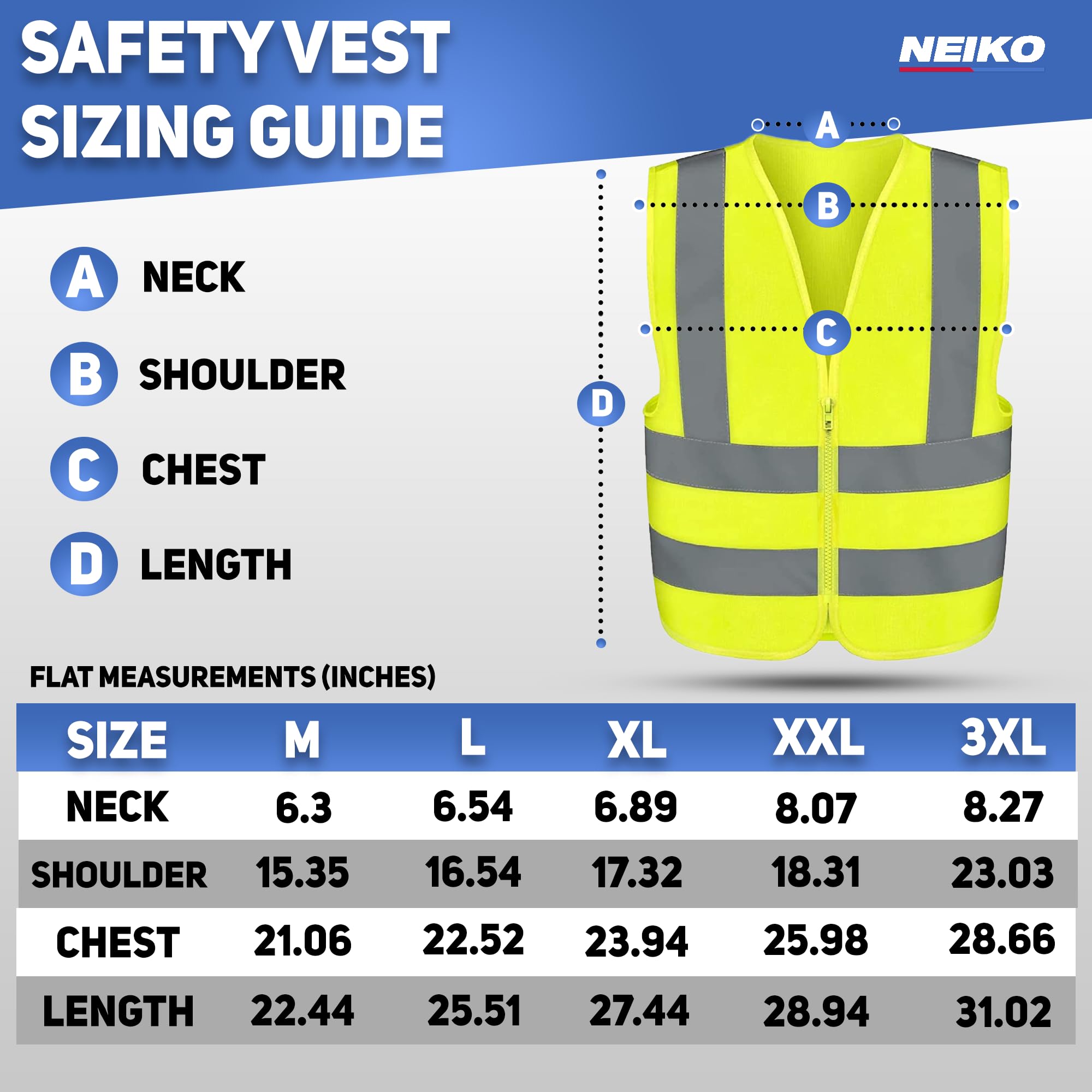 Neiko 53941A High Visibility Safety Vest with Reflective Strips | Size Large | Neon Yellow Color | Zipper Front | For Emergency, Construction and Safety Use