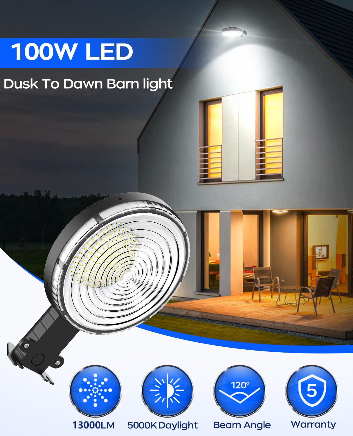 CINOTON 100W LED Barn Light Dusk to Dawn Outdoor Lighting, Black 1 Pack & 60W Outdoor LED Canopy Light 2 Pack