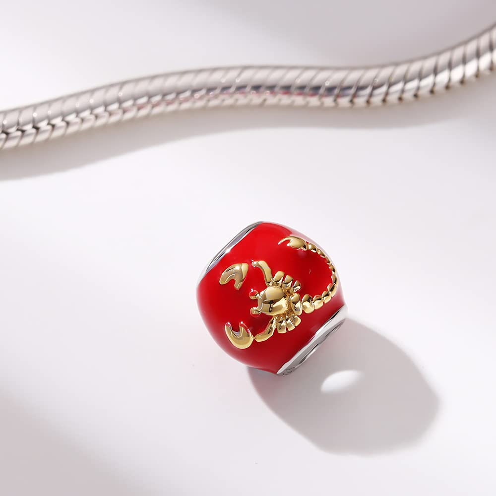 Birthday Zodiac Sign Charms Original 925 Sterling Silver Enamel Charms with Clear Cz for Bracelet (Red Scorpio)