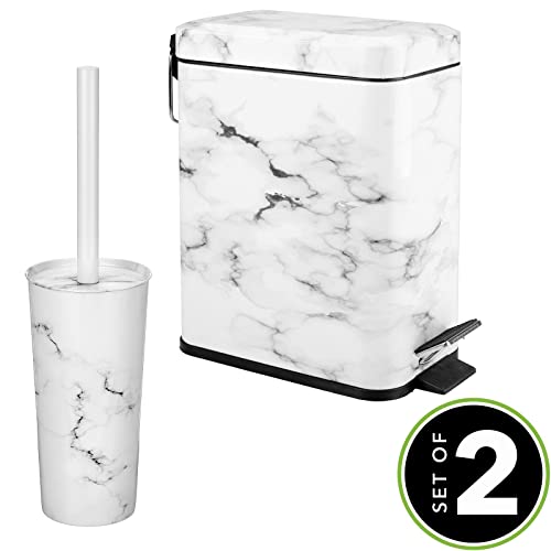 mDesign Metal Freestanding Slim Toilet Bowl Brush and Holder + Rectangle Narrow 5 Liter / 1.3 Gallon Step Pedal Trash Can Wastebasket for Bathroom - Small, Compact Design - Set of 2 - White Marble