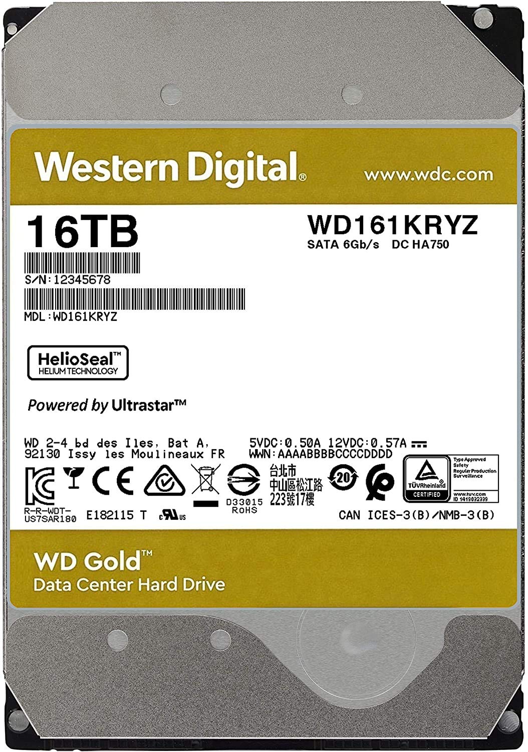 Western Digital - WD Gold 16TB Enterprise Class Hard Disk Drive โ 7200 RPM Class SATA 6Gb/s 512MB Cache 3.5 Inch HDD - WD161KRYZ