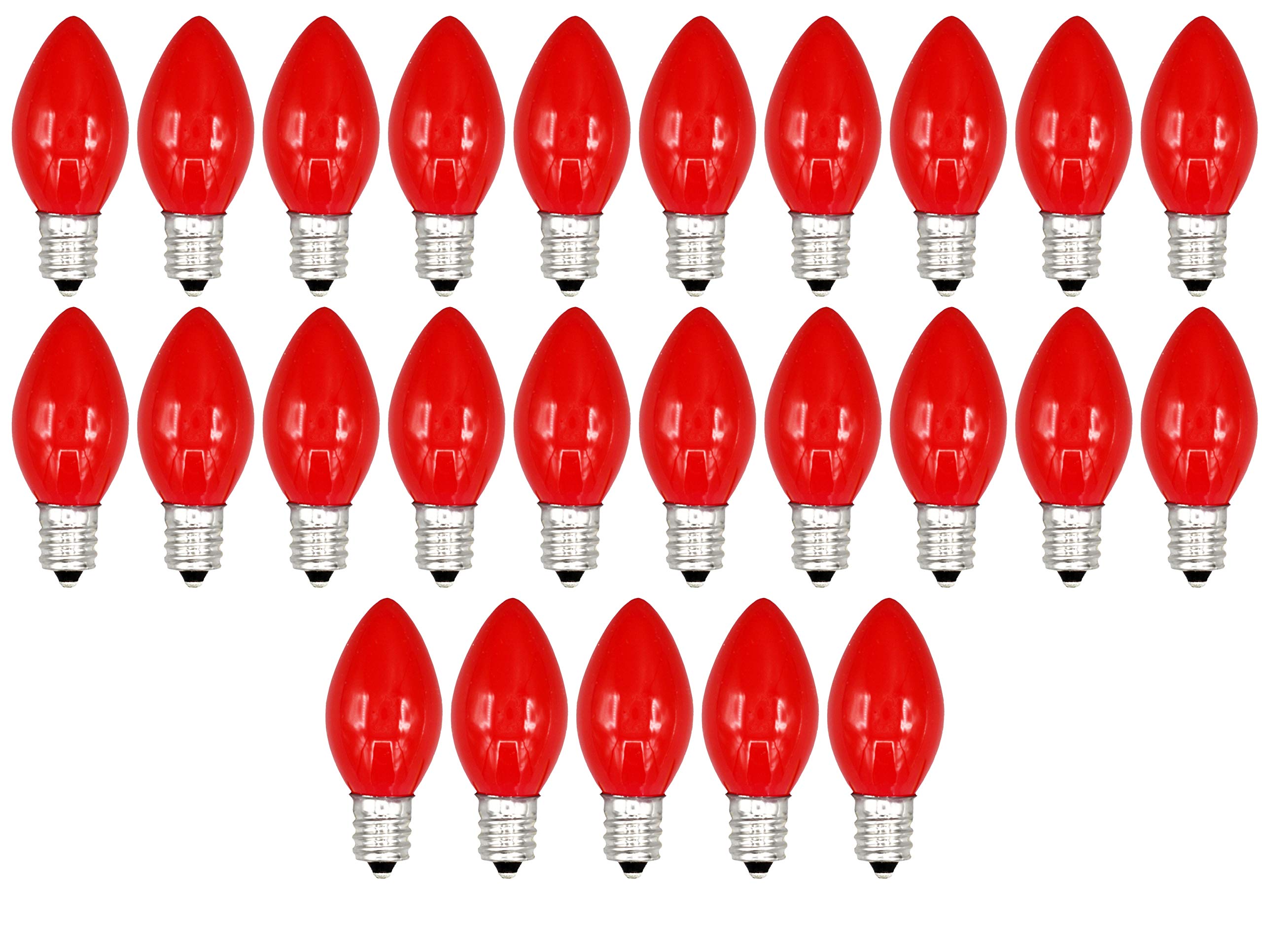 Creative Hobbies® Box of 25 Light Bulbs, Ceramic Opaque Red, Steady Burning, 7 Watt Incandescent, C7 Candelabra Base - Great for Christmas Strings and Decorative Lights