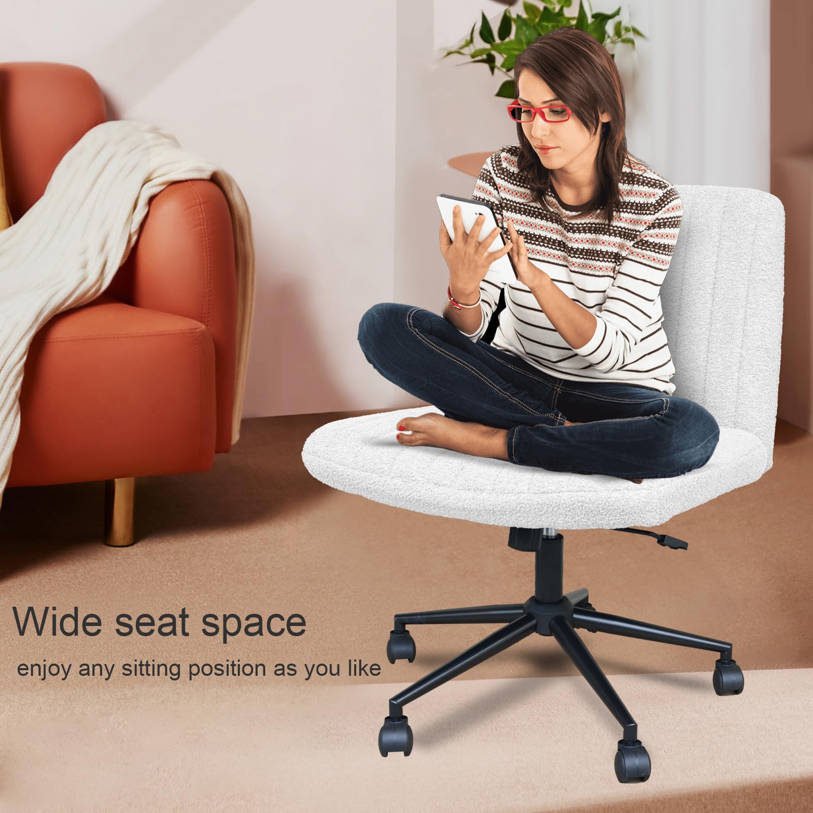 Kadunmina Armless Office Desk Chair with Wheels, Modern Swivel Computer Task Chair Comfortable Adjustable Wide Seat Vanity Chair for Home, Bedroom, Make Up(White)