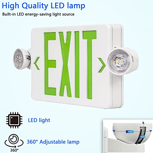 Green LED Exit Sign Emergency Light Combination Adjustable Two Heads and Battery Backup, US Standard Commercial Emergency Exit Lighting, Fire Resistant UL 924 AC 120/277V (8-Pack)