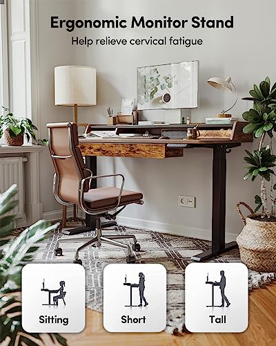 BANTI Height Adjustable Electric Standing Desk with Three Drawers, 48 x 25 Inch Table with Storage Shelf, Sit Stand Desk with Storage Space, Splice Board with Black Frame/Rustic Brown Top