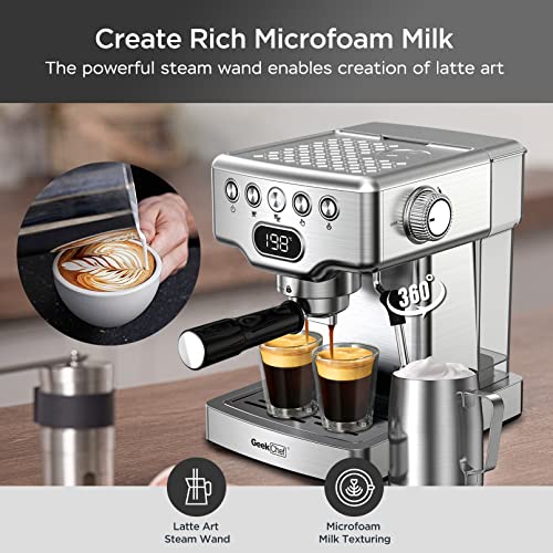 Geek Chef Espresso Machine, 20 Bar Coffee Machine, Fast Heating Automatic, Latte & Cappuccino Maker with Milk Frother Steam Wand, 1.8L Water Tank, Temperature Display, Stainless Steel