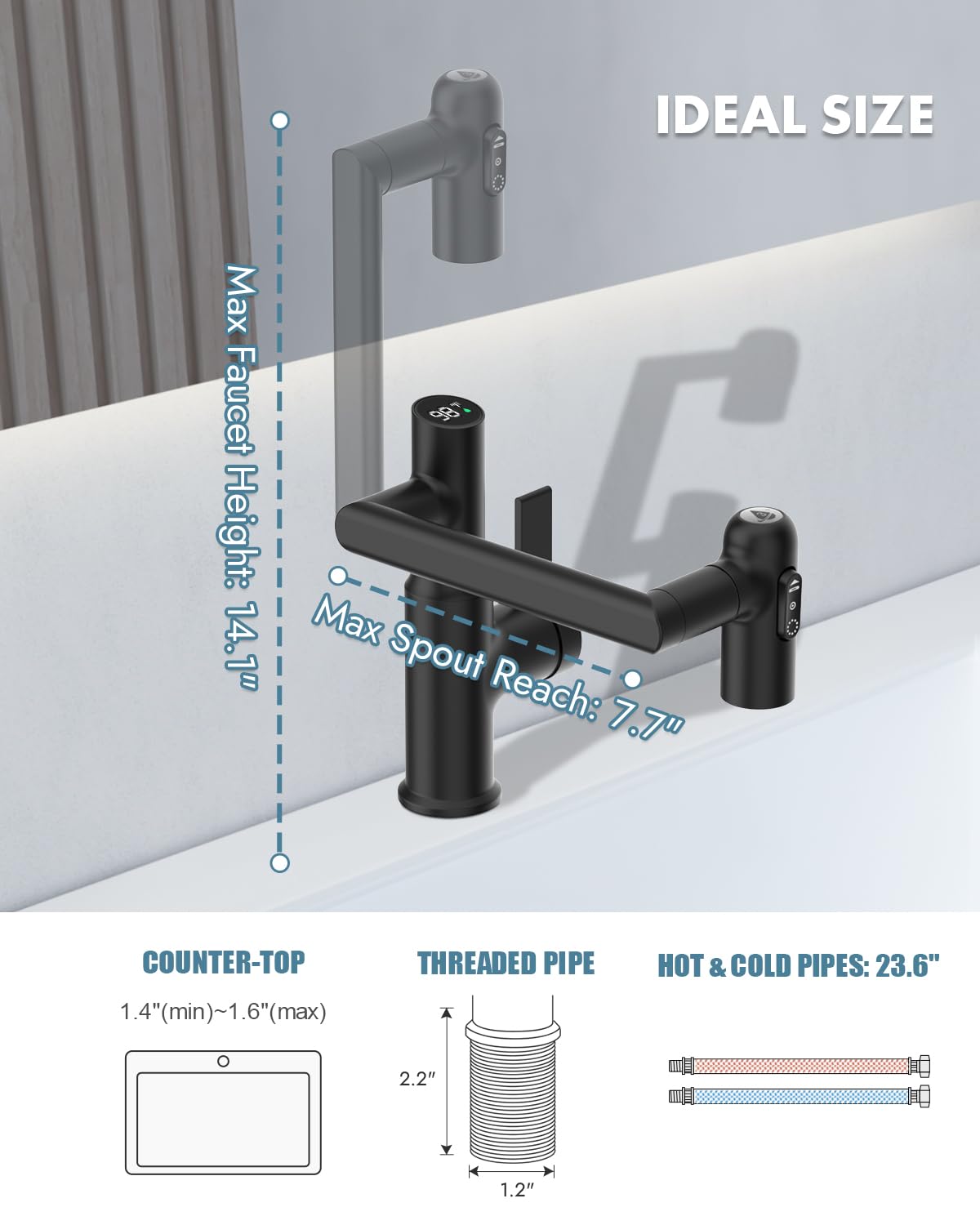Lefton Rotatable Bathroom Faucet with Temperature Display in Fahrenheit (Batteries-Free), 3 Water Outlet Modes, Matte Black, BF2204-3