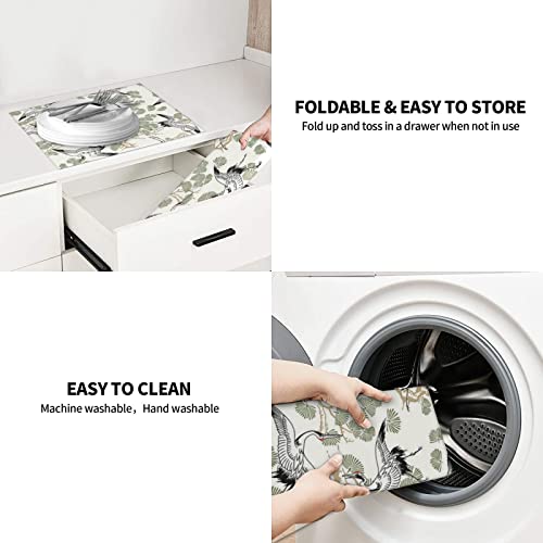 Japanese Crane & Pine Printed Drying Mat For Kitchen Ultra Absorbent Microfiber Dishes Drainer Mats Non-Slip Silicone Quick Dry Pad - 18 X 16inch