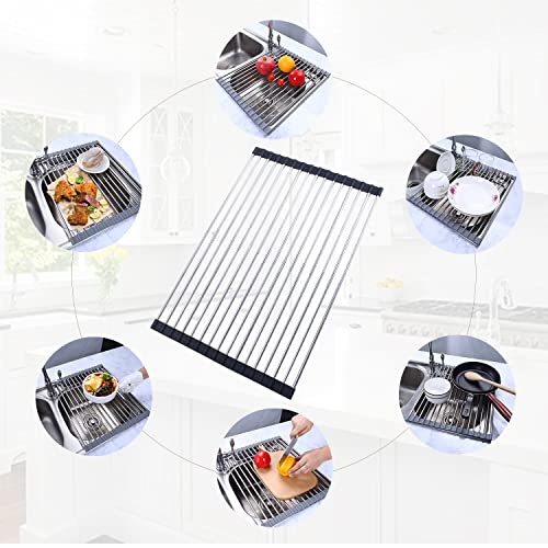 Expandable Roll up Dish Drying Rack for Kitchen from 11β to 20β, Foldable Over-The-Sink Dish Drying Rack Space-Saving, Multipurpose Rolling Rack for Sink with Large Capacity, 13''x(11''~20''), Gray