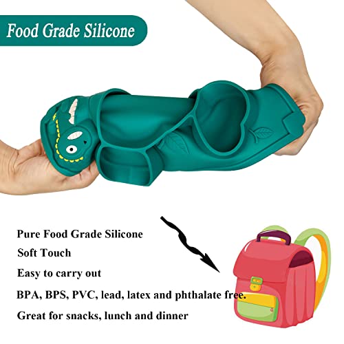 NICINGU 3Pcs Toddler Silicone Placemat Spoon and Fork Set,Divided Plate Dish for Baby Kids Infant Self Feeding Training,Non-Suction BPA Free Microwave Dishwasher Safe-Blue Dinosaur