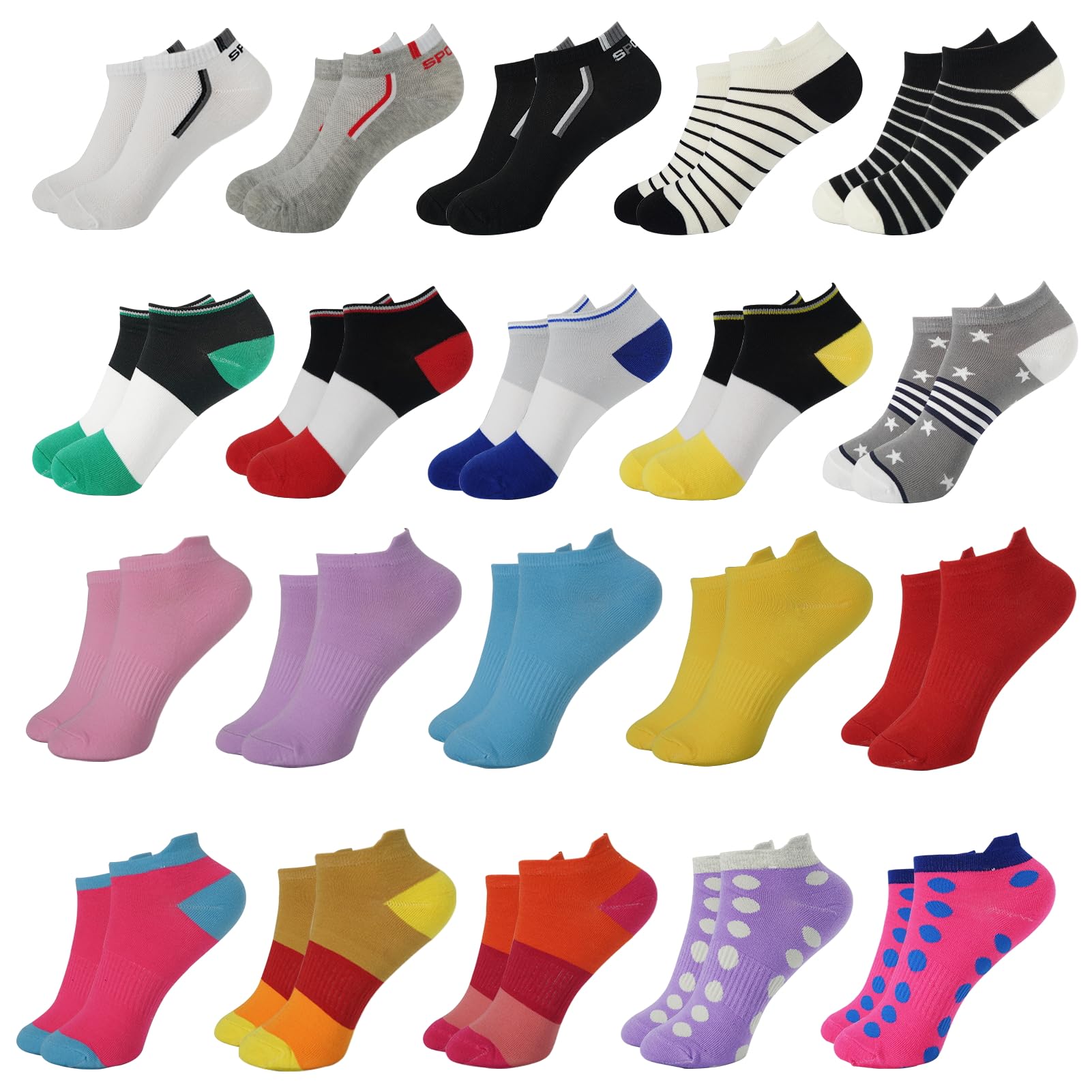 Chicpop 20 Pairs Socks for Women & Men Low Cut Ankle Socks Athletic Socks No Show Colorful Socks for Running Workout Sports