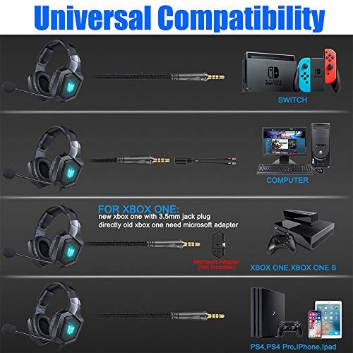 Gaming Headset for Xbox with Mic, OPPSK Gaming Headset for PS4, PC Surround Sound Over-Ear Headphones Compatible with Noise Canceling, LED Light, Soft Memory Earmuffs, Volume Control
