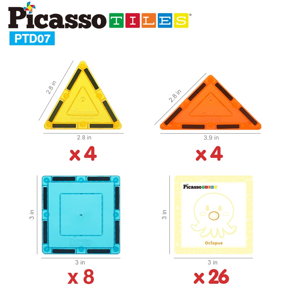 PicassoTiles Magnetic Building Tiles Learning Set with Animal, Food and Letters Card Magnet Block Combo Set Attachable Magnify STEM Educational Construction Set for Boys & Girls Ages 3+