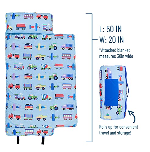 Wildkin Original Nap Mat with Reusable Pillow for Boys & Girls, Perfect for Elementary Daycare Sleepovers, Features Hook & Loop Fastener, Cotton Blend Materials Nap Mat (Trains, Planes, and Trucks)
